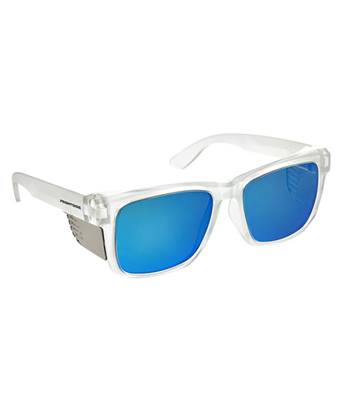 SAFETY GLASSES FRONTSIDE POLARISED BLUE REVO LENS WITH CLEAR FRAME ...